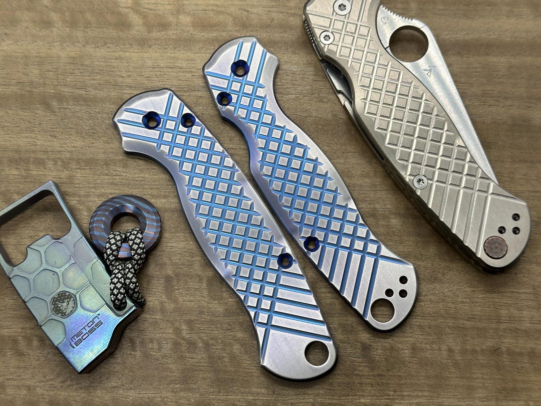 2-tone BLUE Ano & Brushed FRAG Titanium Scales for Spyderco ...