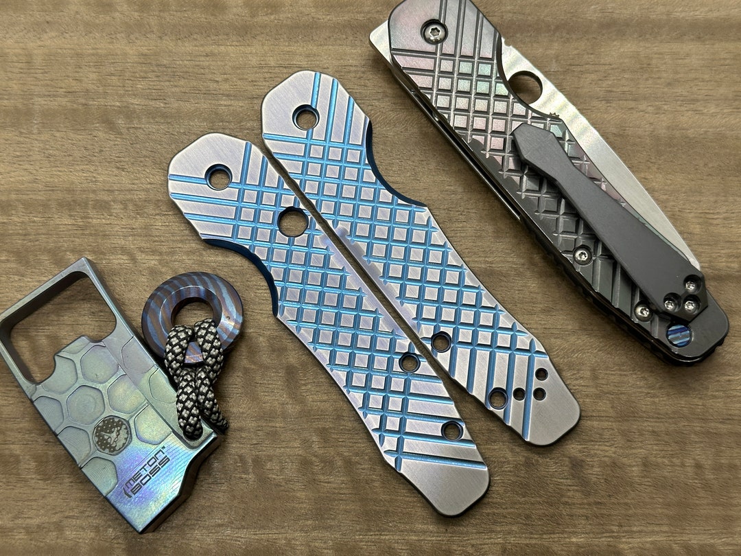 2-tone BLUE Brushed FRAG Milled Titanium Scales for Spyderco SMOCK ...