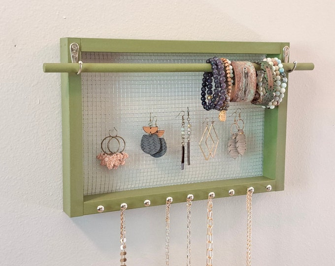 Olive Green Jewelry Organizer Wall Mount Earring Holder, Green Jewelry ...