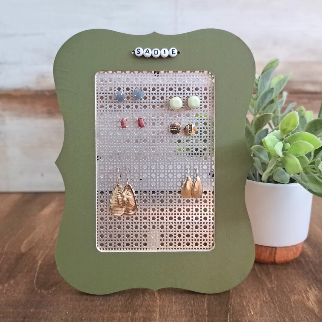 Personalized Kids Earring Holder, Olive Green Stud Earring Organizer ...