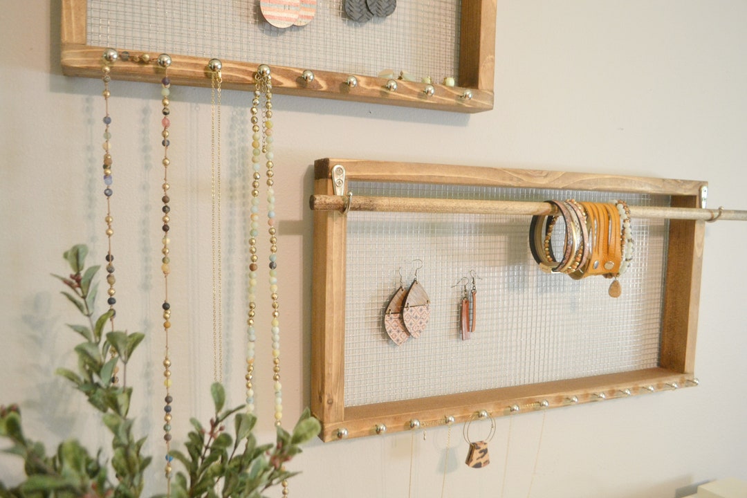 Hanging Jewelry Holder Wood Mount Frame, Wall Jewelry Organizer ...