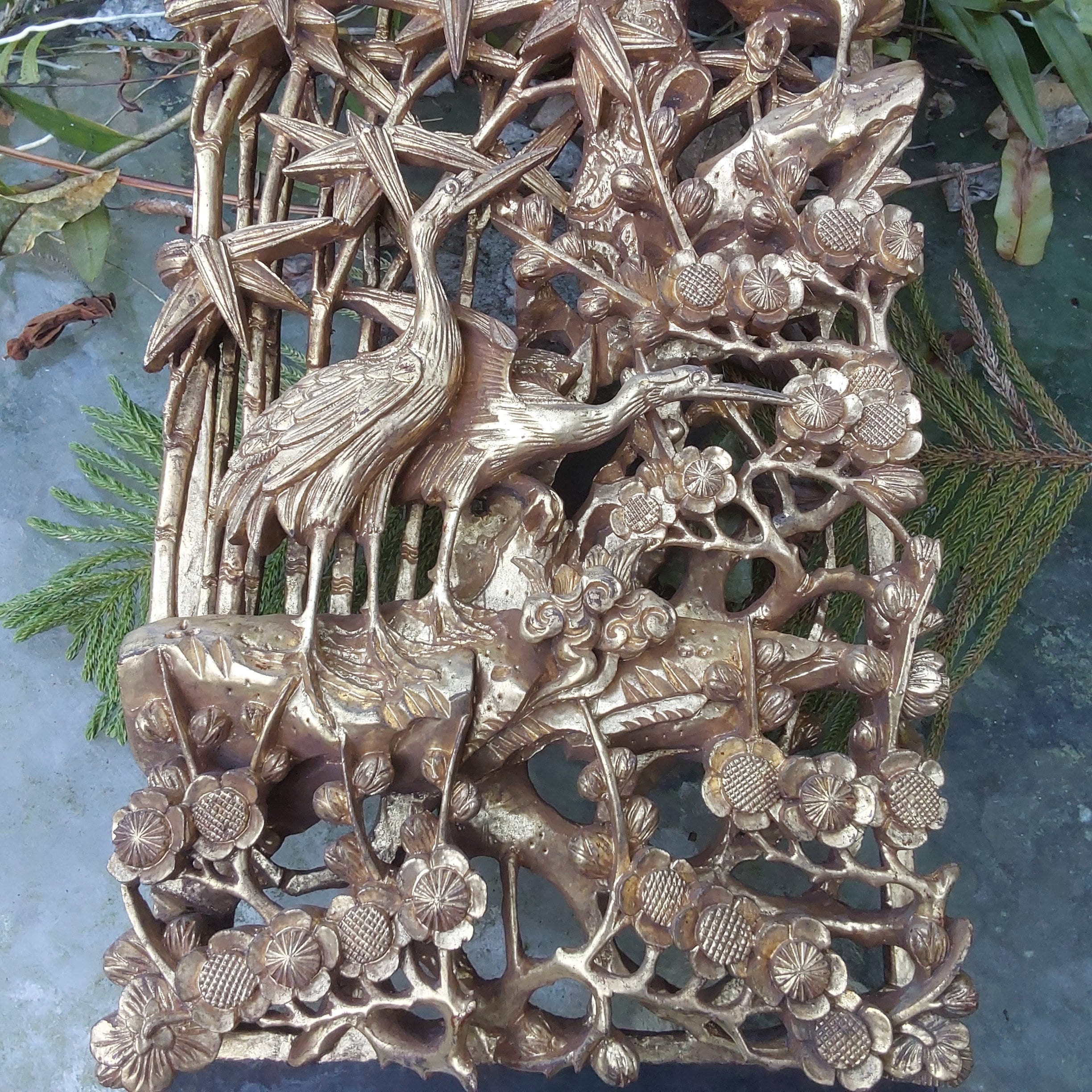 19th Century Carved Wood Chinese Panel 1000 Cranes Embellished With ...