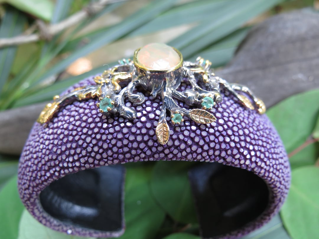 Purple Shagreen Leather Cuff Bracelet: Sterling Silver, Opal & Emerald ...