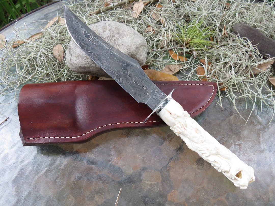 Stag Handled Damascus Knife Gordon Romeis Custom Knife Fantastic Carved ...