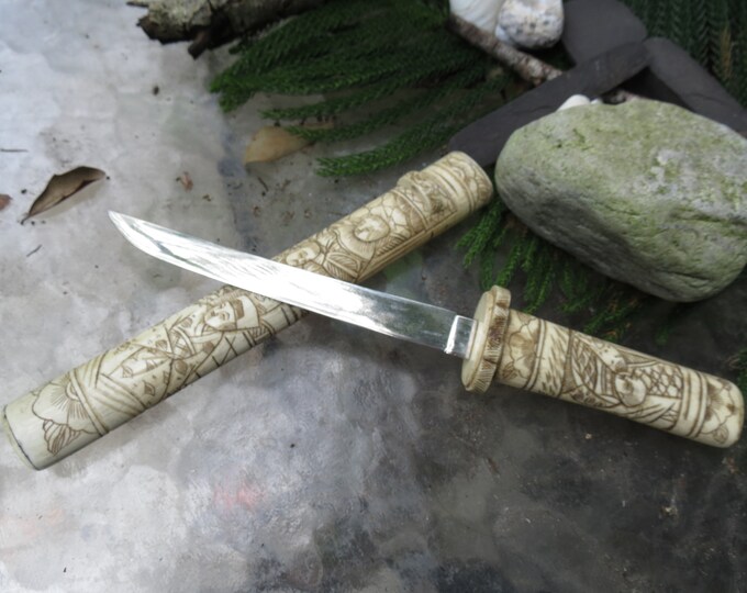 Japanese Knife Carved Bone Handle and Scabbard Old Hand Crafted Ethnic ...