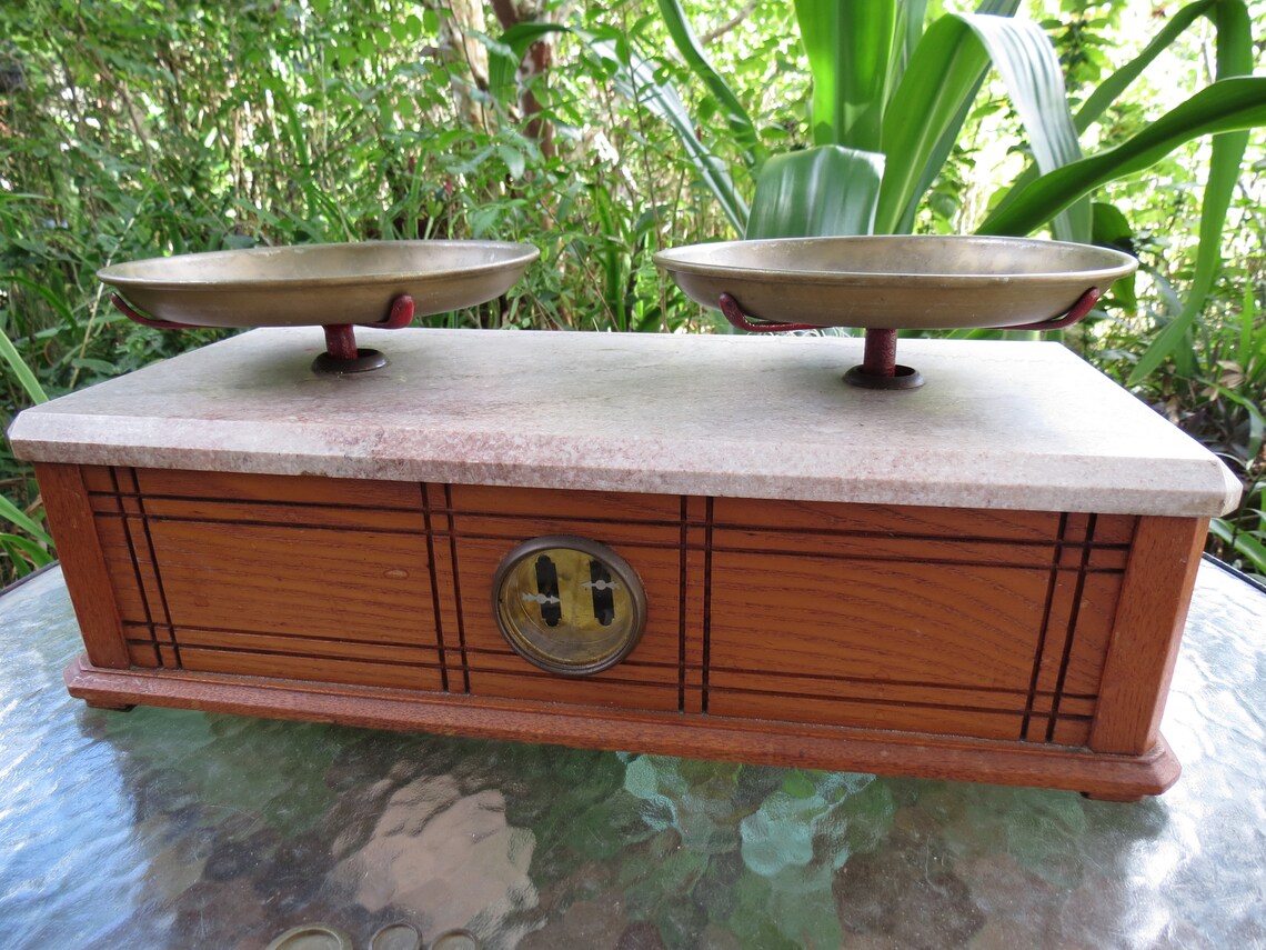Antique Oak & Marble Balance Scale - Complete With Weights - Primitive ...