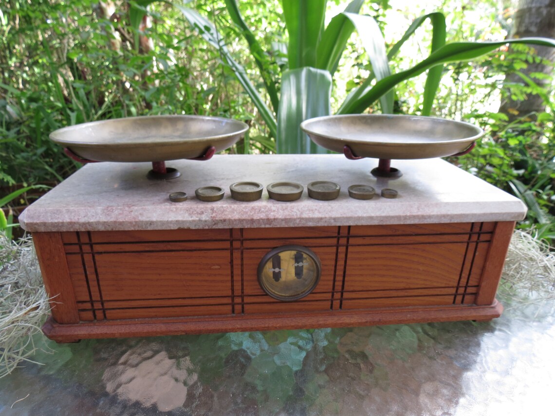 Antique Oak & Marble Balance Scale - Complete With Weights - Primitive ...