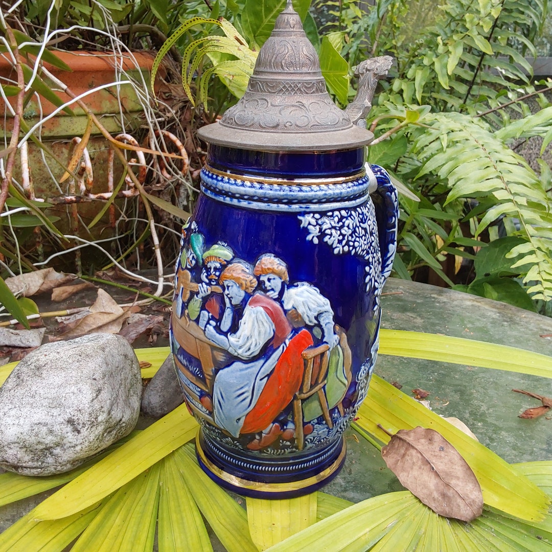 Antique German Beer Stein: Large Blue Ceramic Mug - Etsy