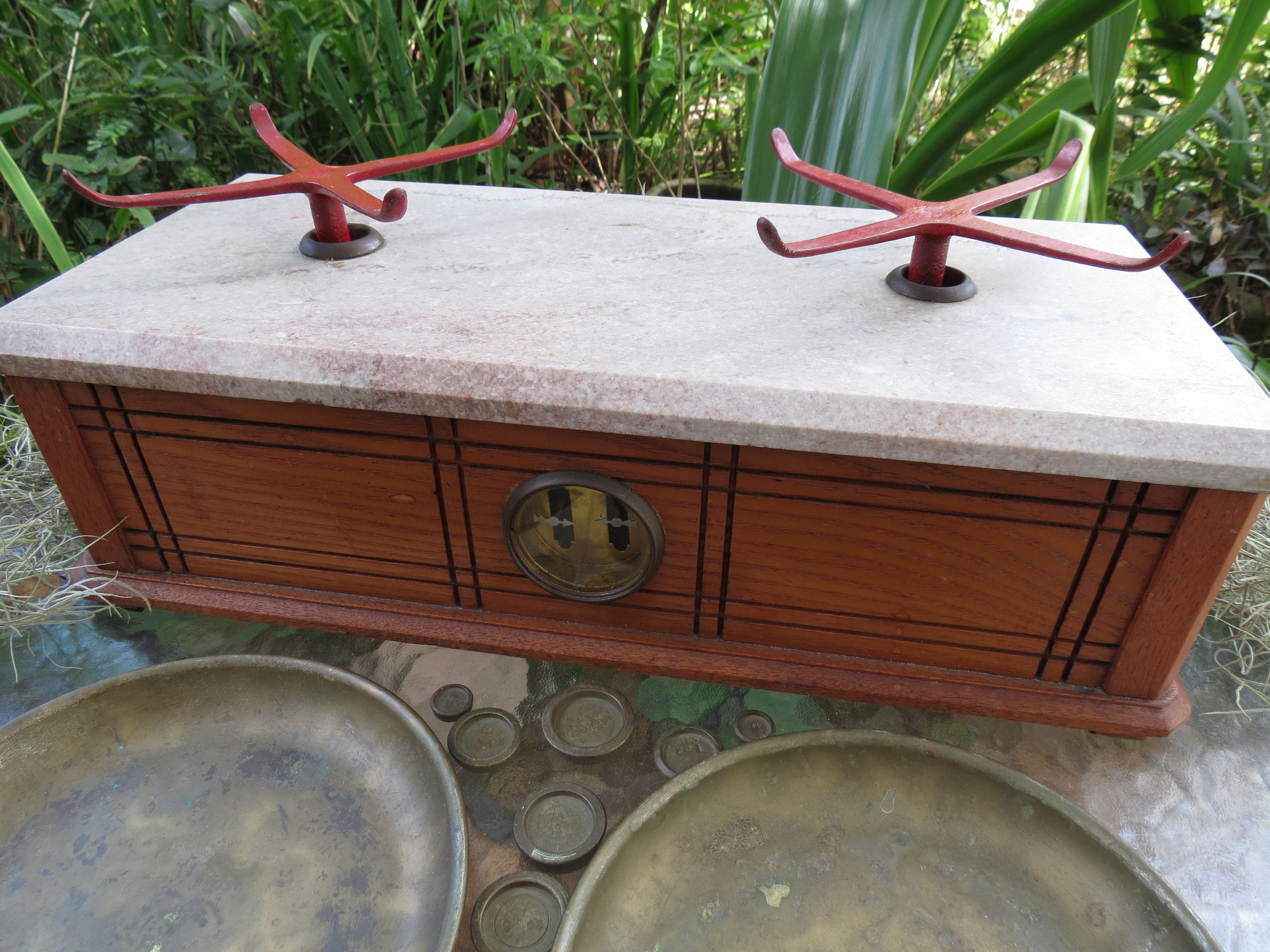 Antique Oak & Marble Balance Scale - Complete With Weights - Primitive ...