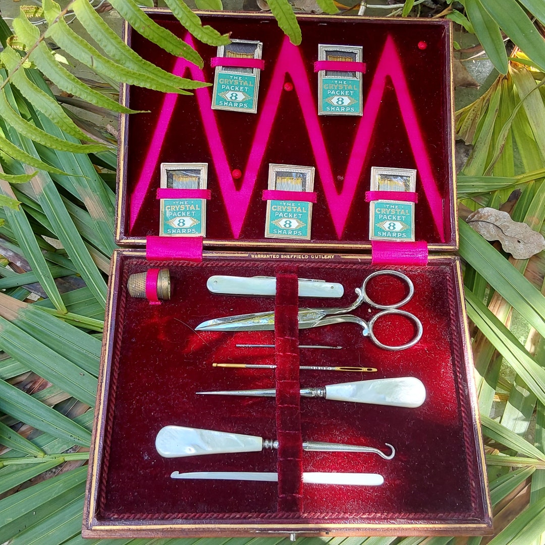 Victorian Sewing Set in Original Fitted Box - Warranted Sheffield Cutlery - Scarce Antique Boxed ...