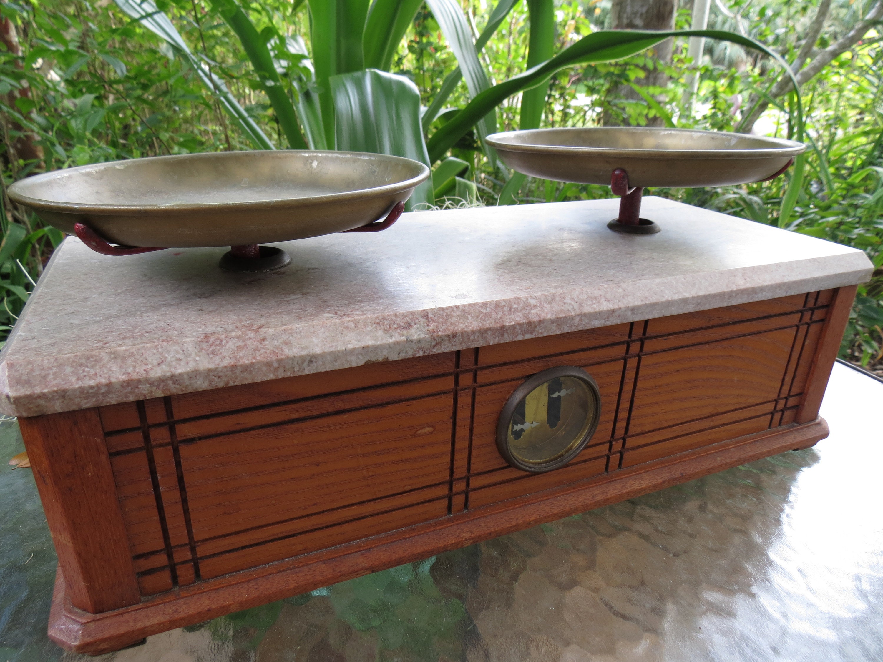 Antique Oak & Marble Balance Scale - Complete With Weights - Primitive ...