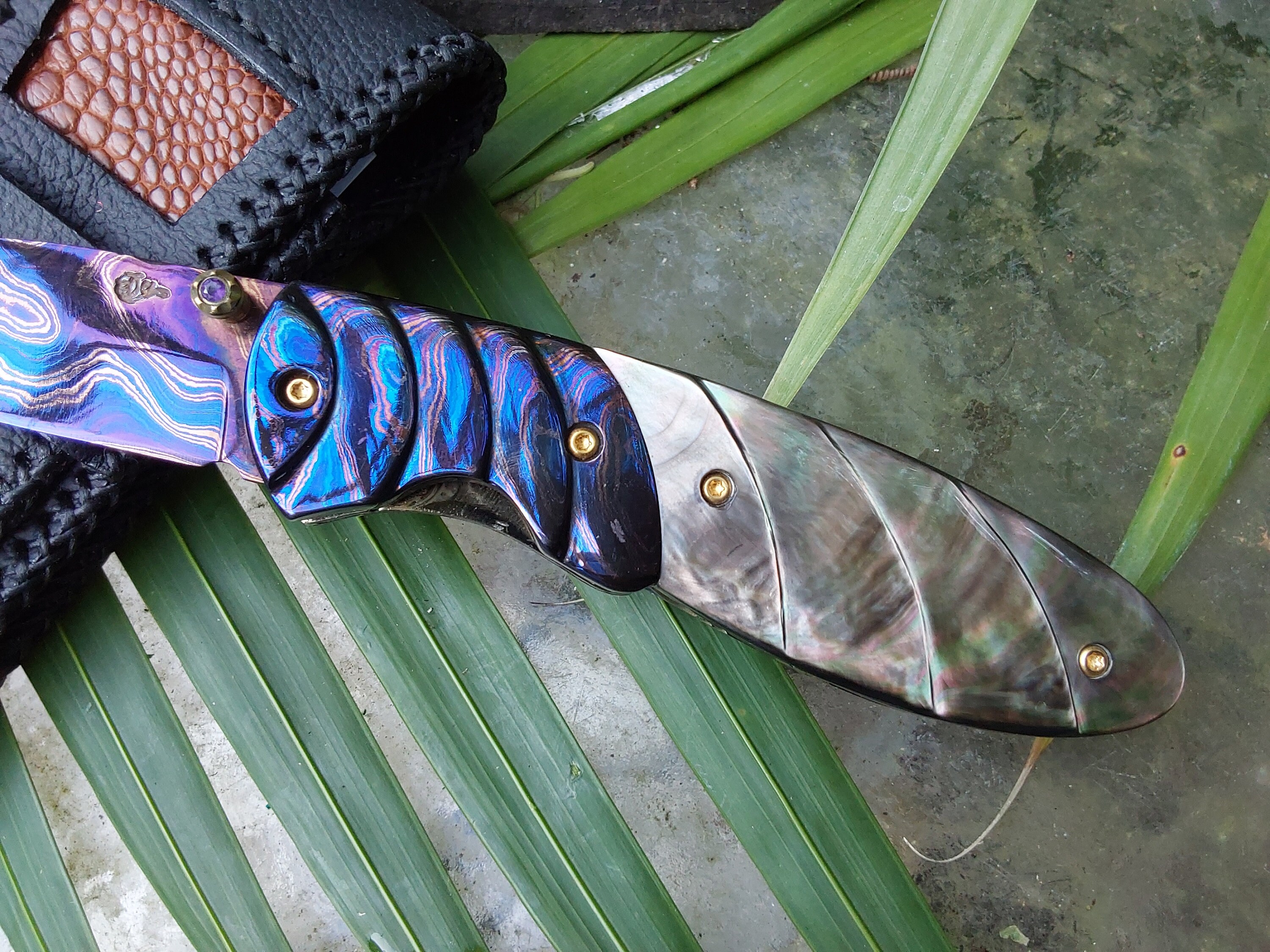 Black Lip Pearl Handle Folding Knife: Mokumé Blade, Titanium Bolsters ...