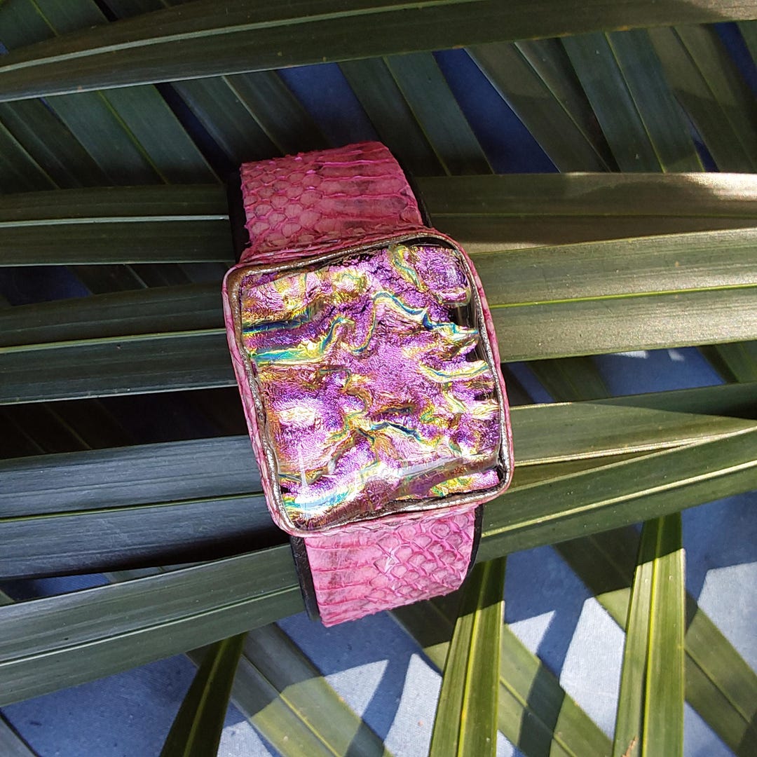 Bright Pink Dichroic Glass Stone Leather Cuff Bracelet - Custom Made ...