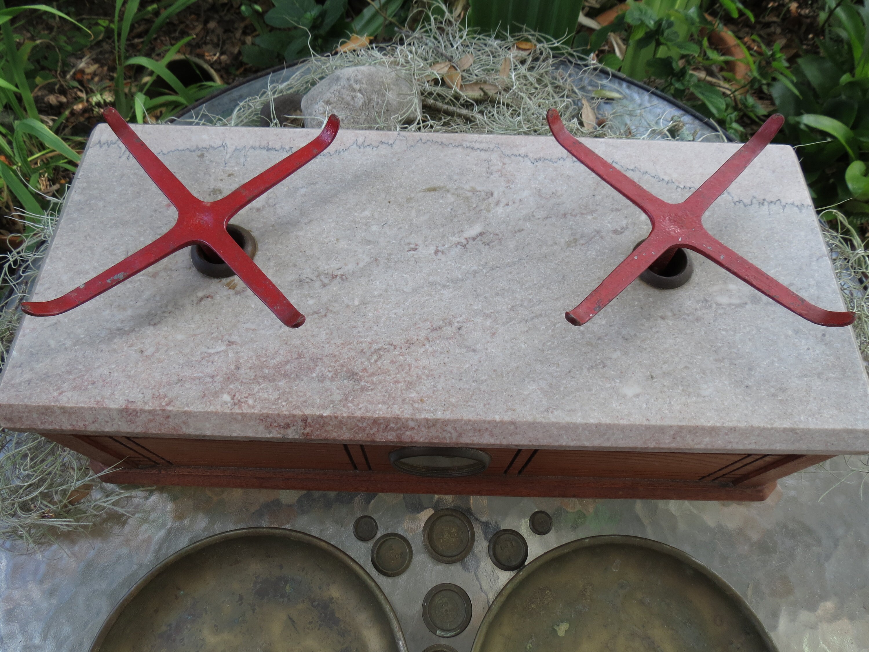 Antique Oak & Marble Balance Scale - Complete With Weights - Primitive ...