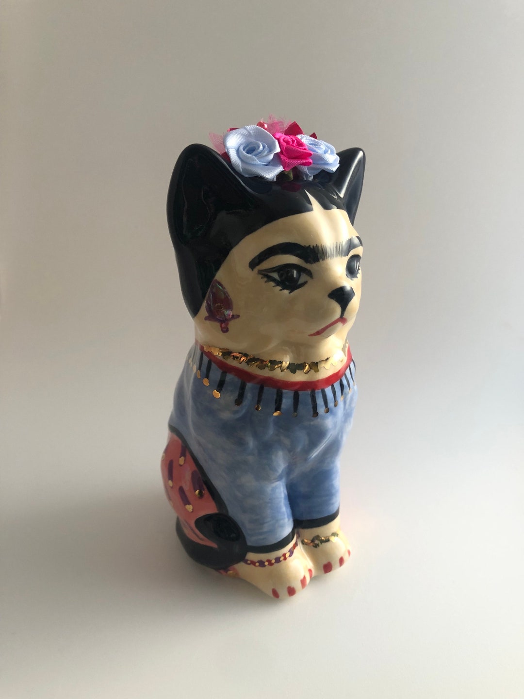 Frida Kahlo Ceramic Cat. 'frida Katlo' Handcrafted Pottery in Pale Blue ...