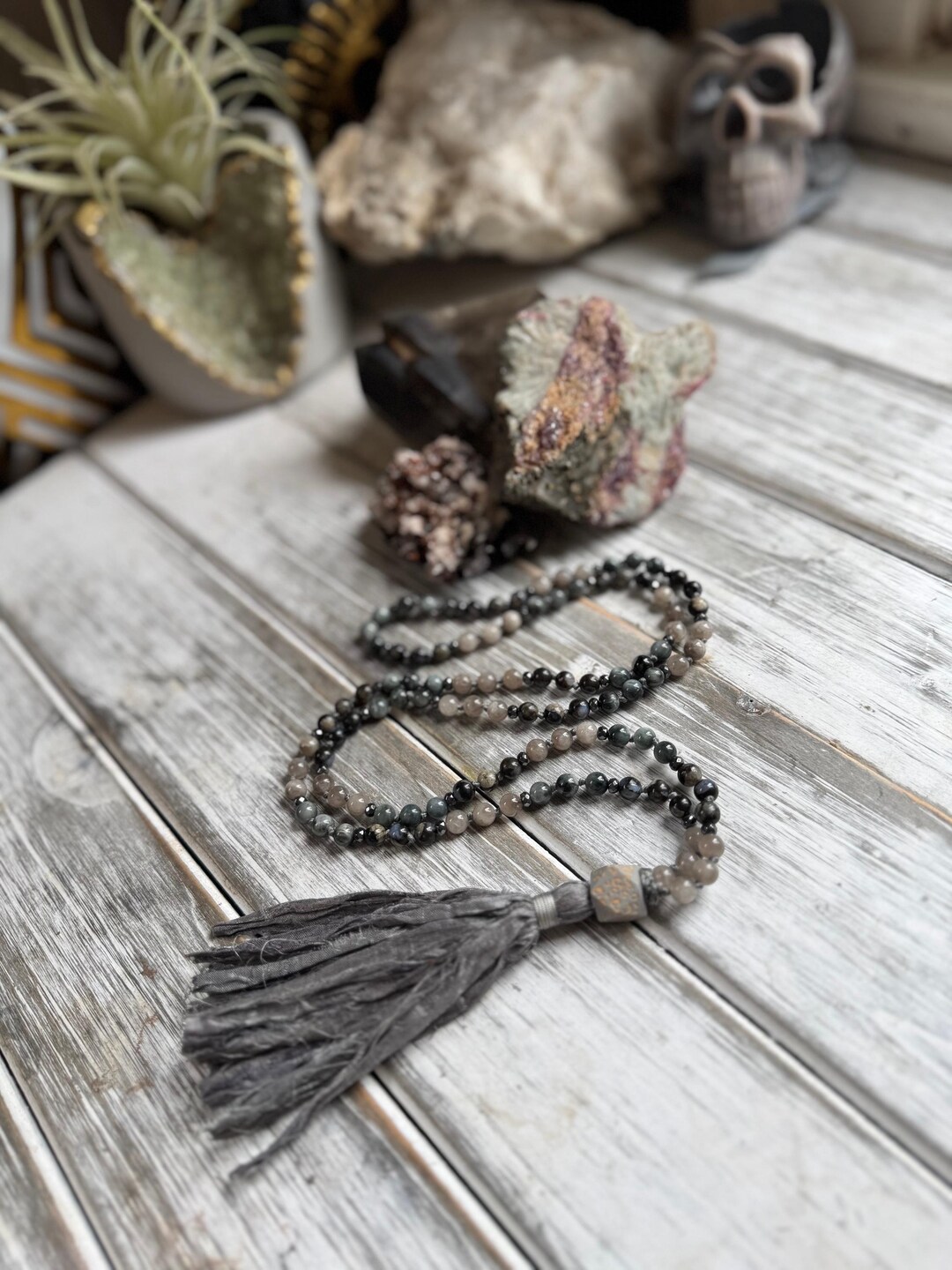Grey Veil Mala – Hawk’s Eye, African Grey Opal & Cloudy Quartz With ...