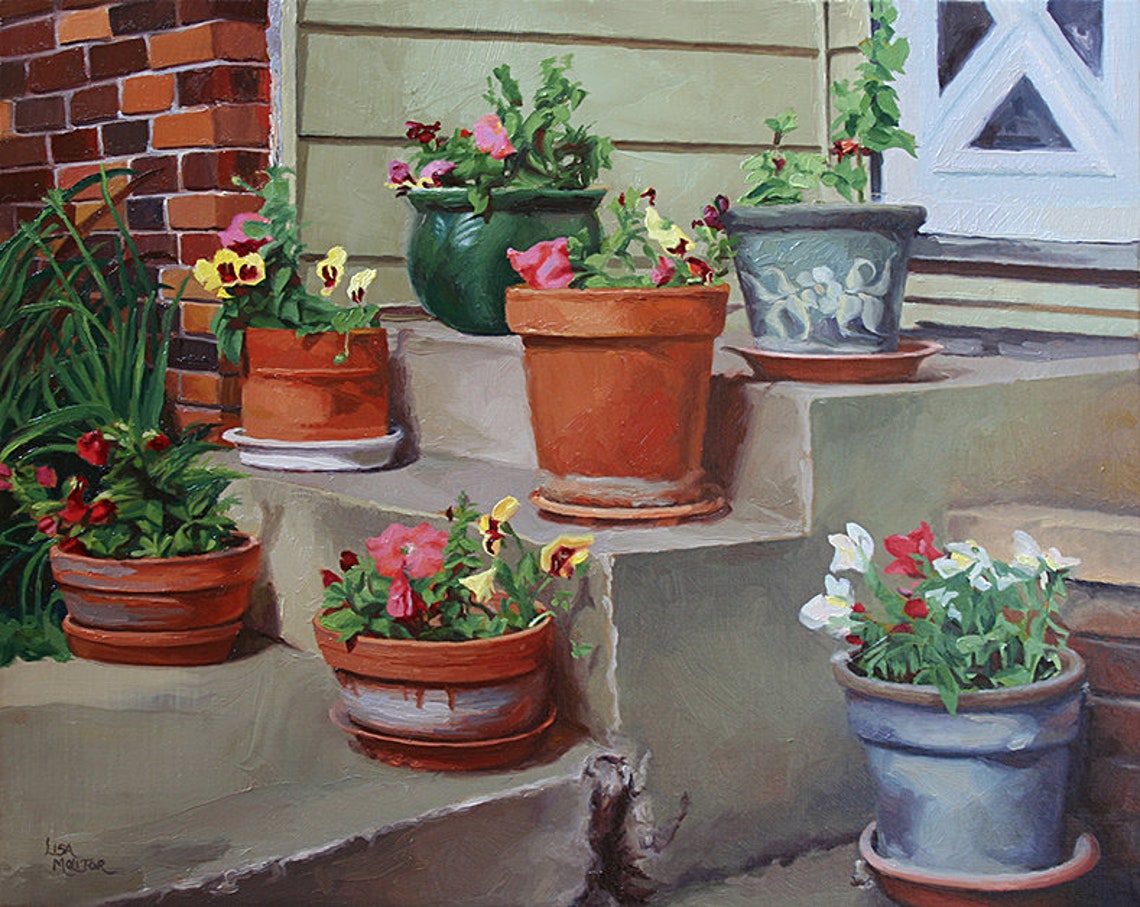 Flower Pot Painting, Flower Pot Art Print, Plant Painting, Stairway Art ...