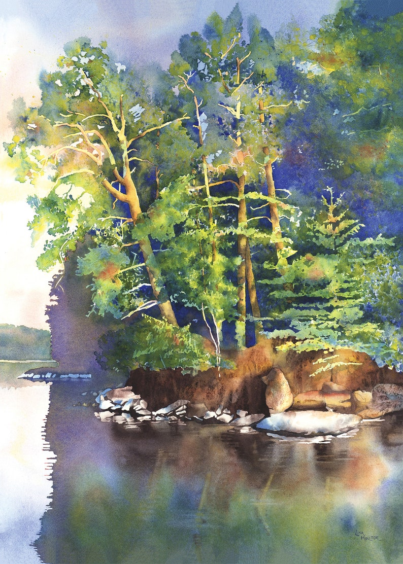 Lake Landscape Painting Print, Lake Scene Watercolor, Lake Landscape ...