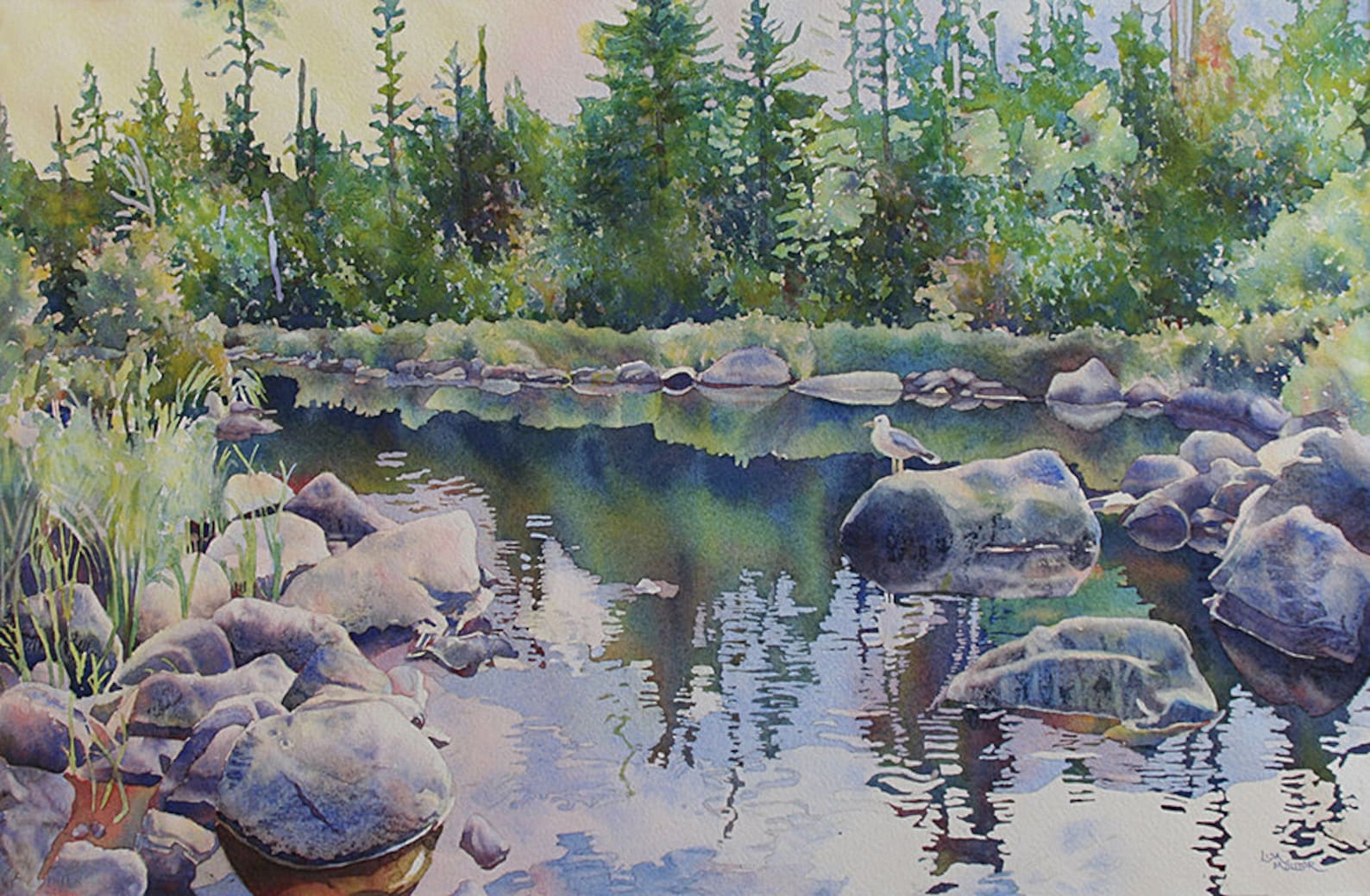 Lake Landscape Painting, Lake Scene Watercolor, Lake Landscape Art ...