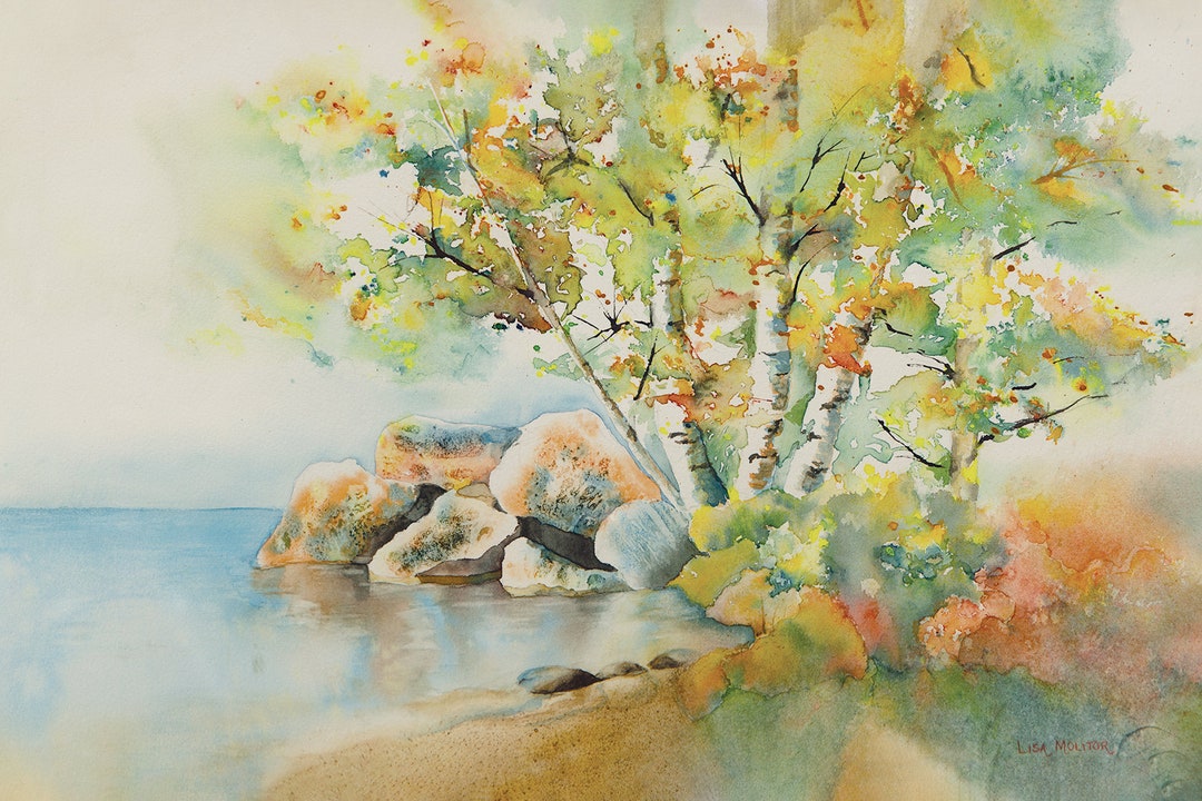 Lake Landscape Painting Print, Lake Scene Watercolor, Lake Landscape ...