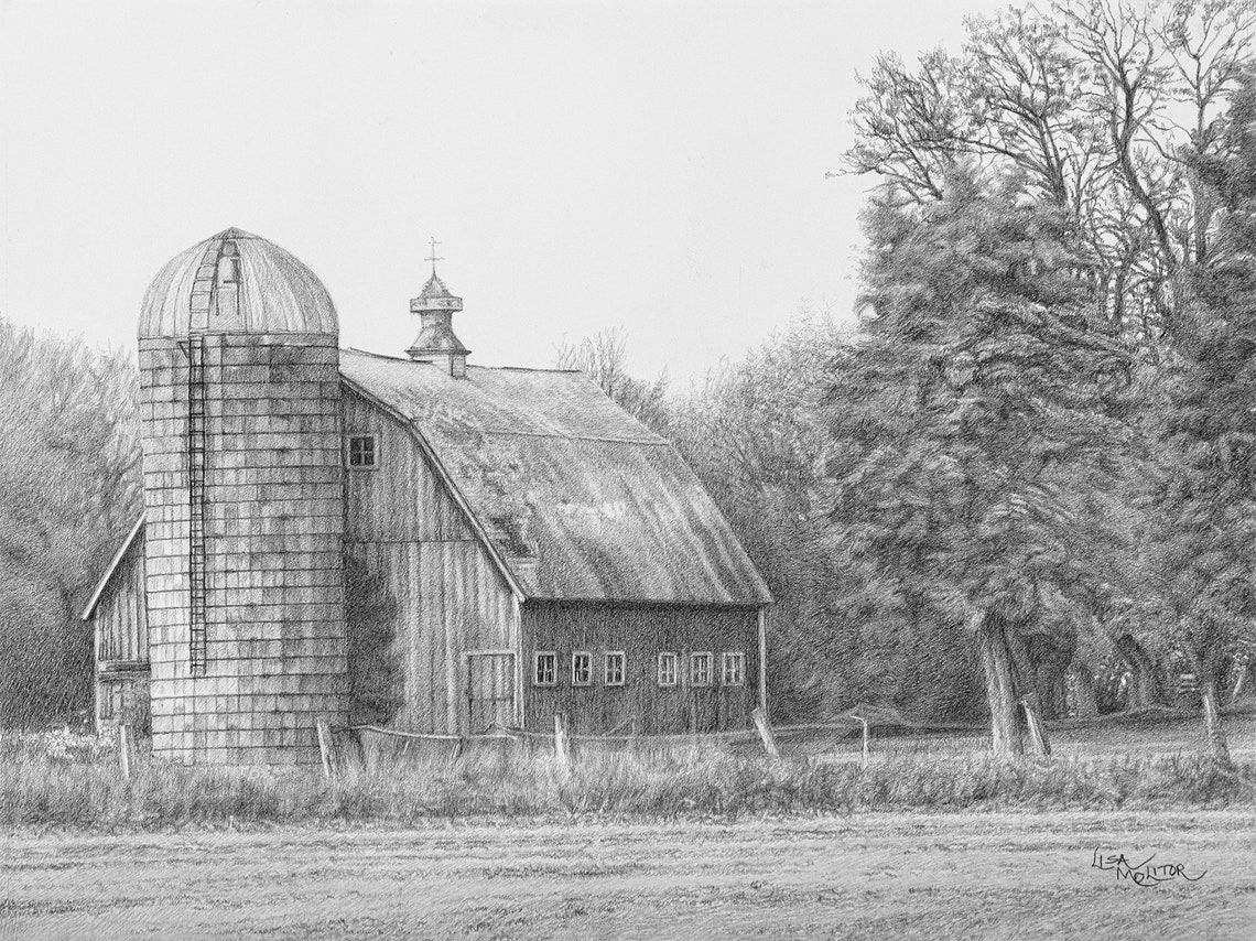 Old Barn, Barn Drawing, Original Barn Art, Barn Illustration, Farm Wall ...