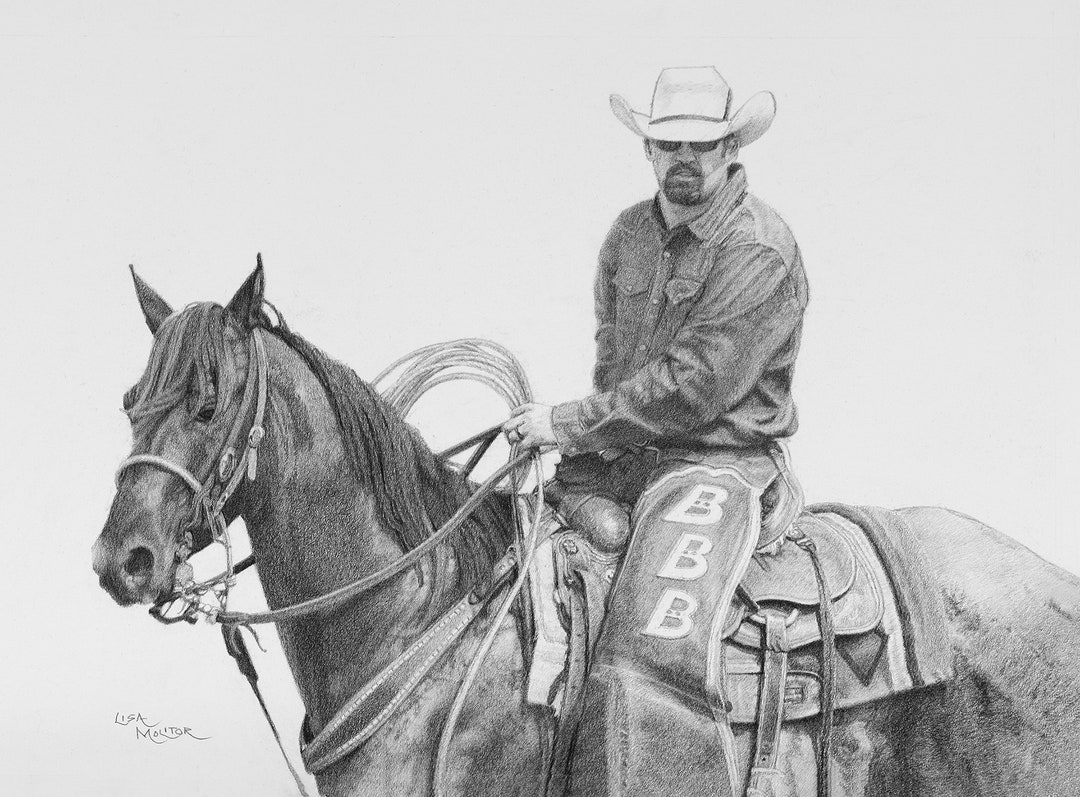 Cowboy Drawing, Rodeo Cowboy Horse Drawing, Cowboy Art Print, Rodeo ...