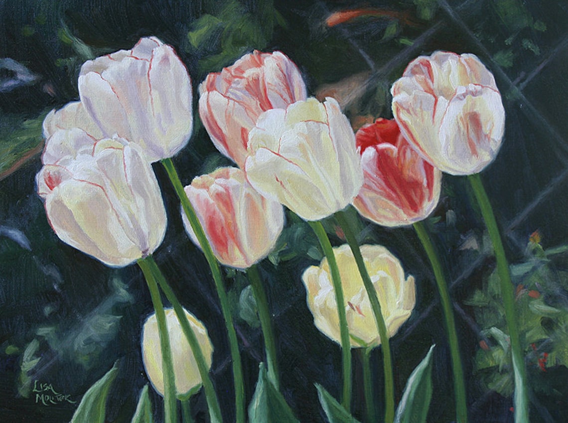 Tulip Flower Painting, Tulip Oil Painting, Tulip Art Print, White Red ...