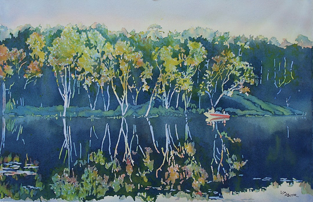 Lake Landscape Painting Print, Lake Scene Watercolor, Fishing Painting ...