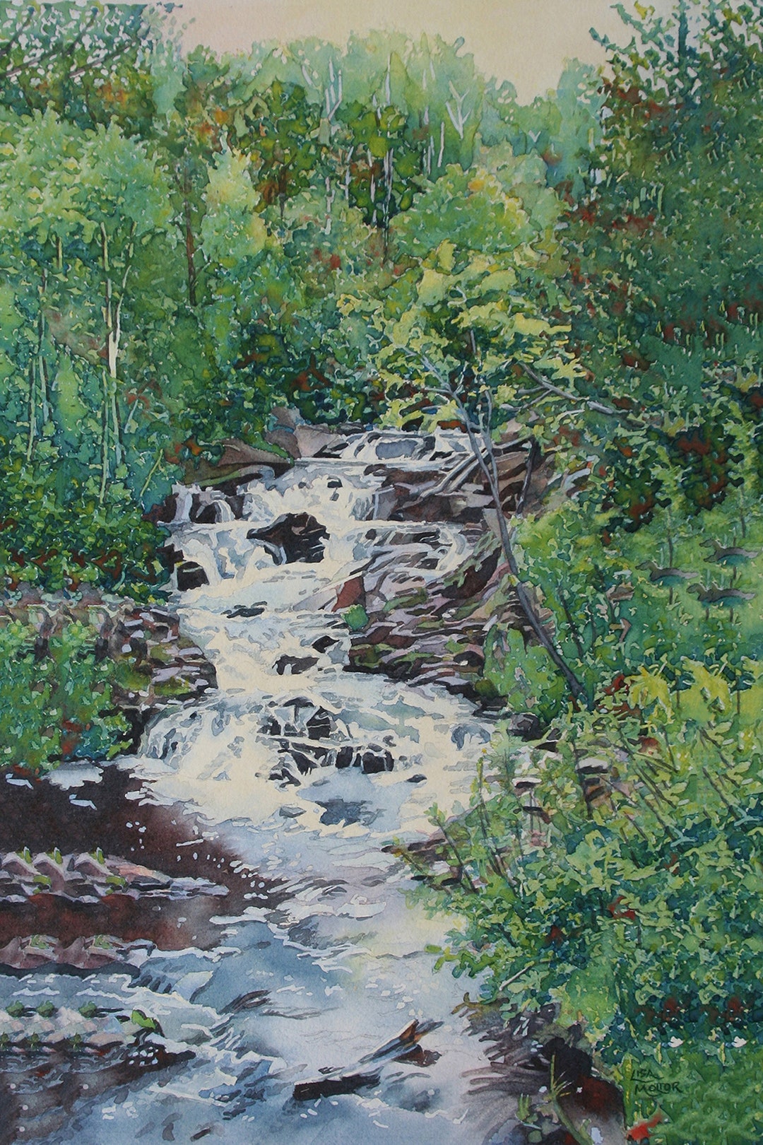 Forest Waterfall Canvas Wrapped Painting, Waterfall Watercolor, Forest ...