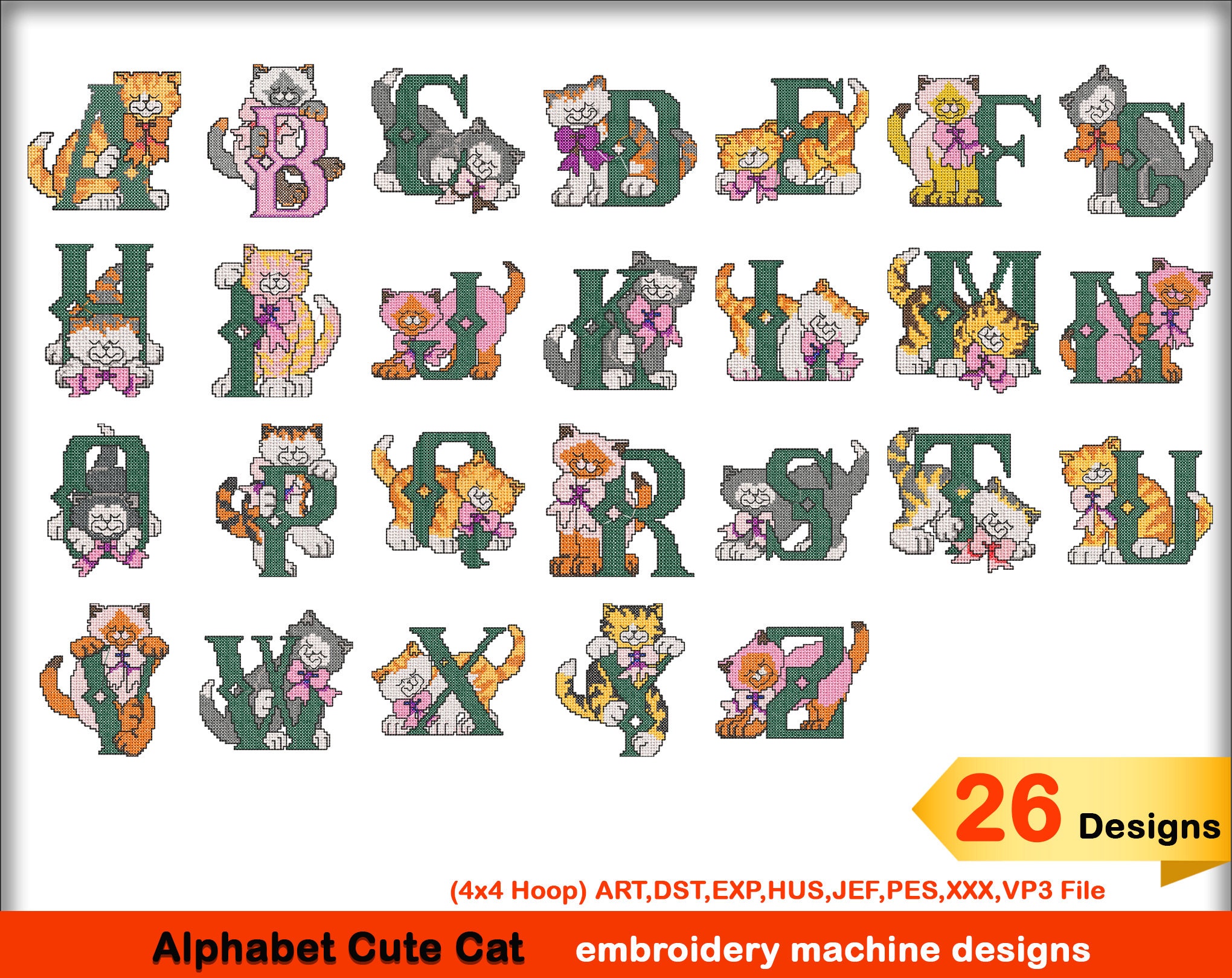 Cute Cat Alphabet Embroidery Designs,monogram Embroidery,embroidery ...