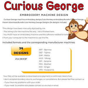 Curious George Machine Embroidery Design,cute Monkey Embroidery,bundle ...