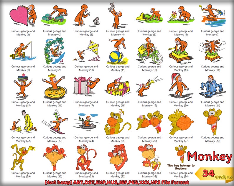 Curious George Machine Embroidery Design,cute Monkey Embroidery,bundle ...