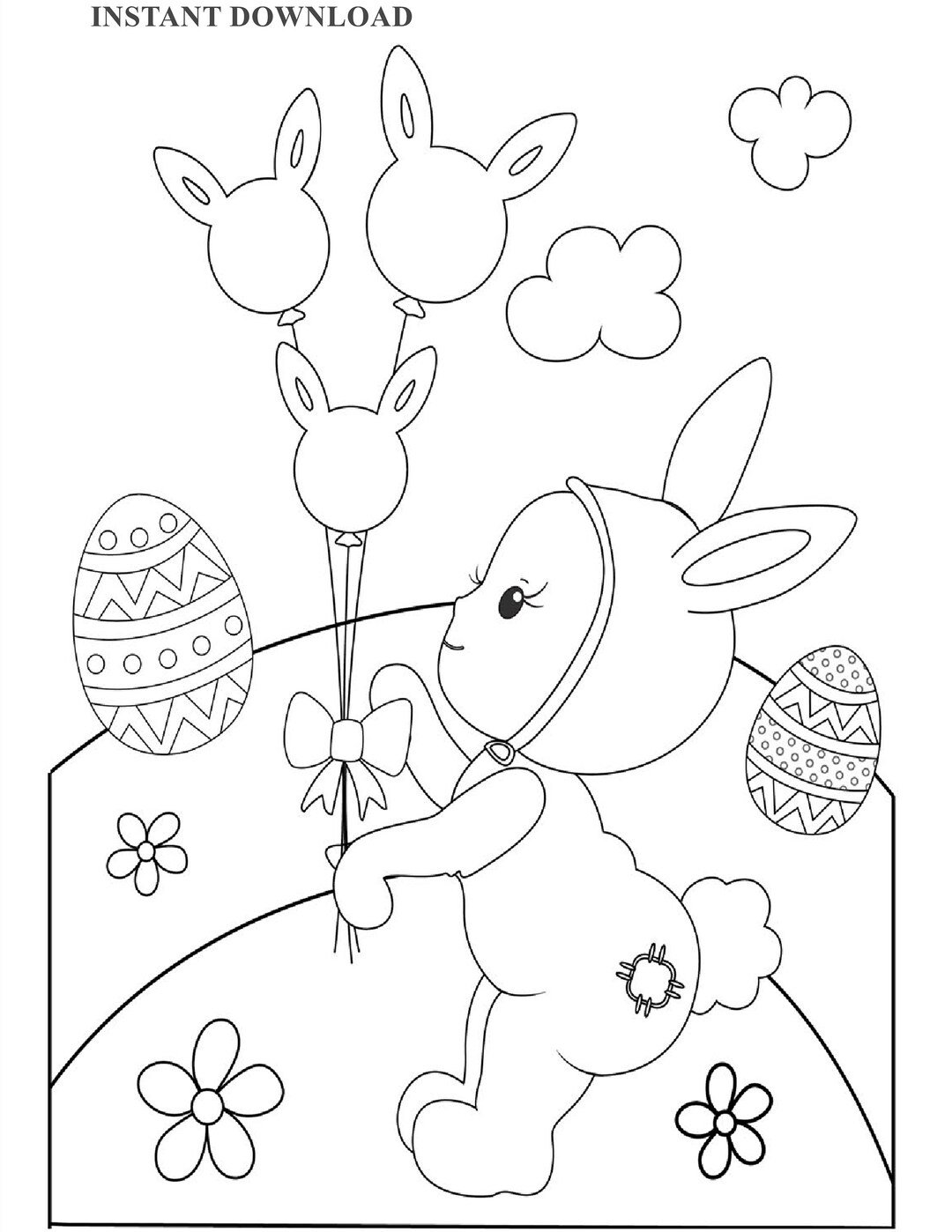 Printable Easter Bunny With Balloons & Eggs Coloring Page Instant ...