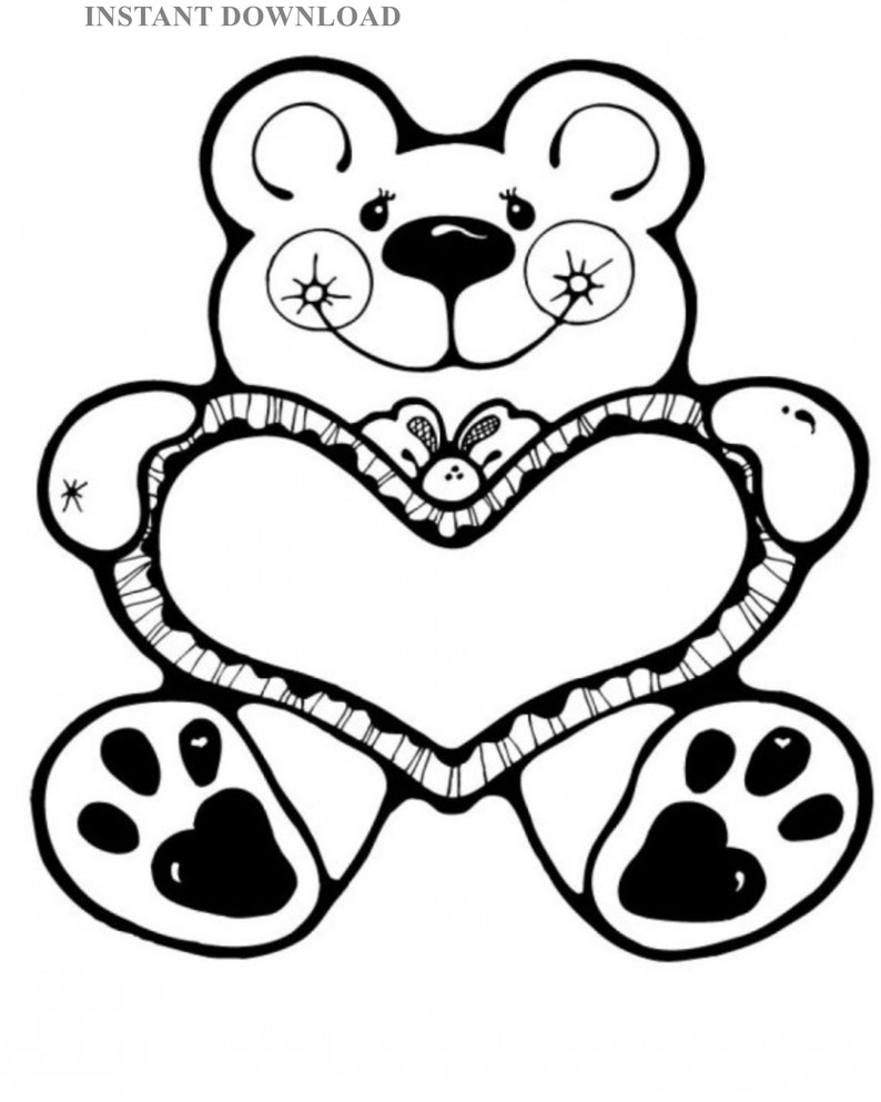 Printable Valentine Bear W/heart Coloring Sheet/instant Download ...