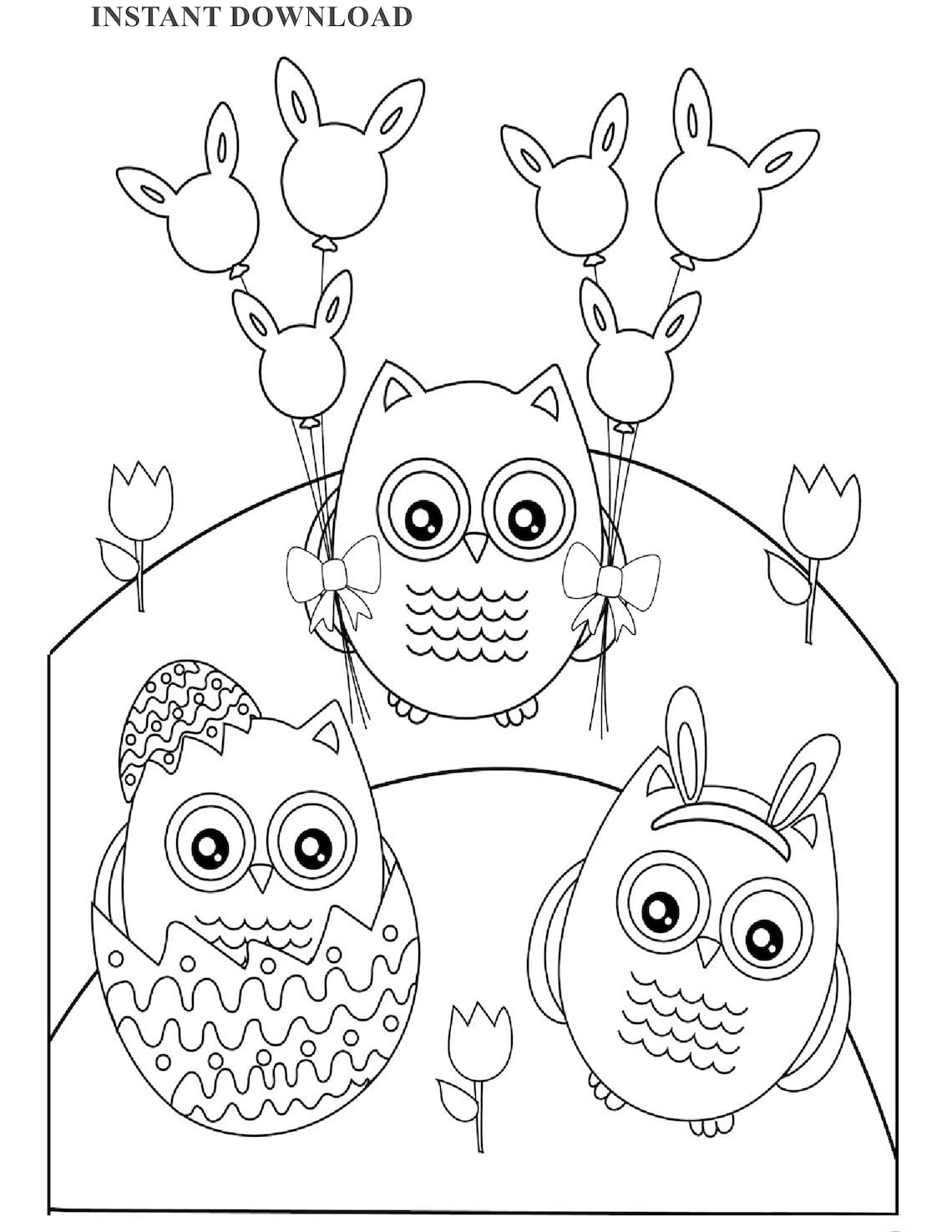 Printable Easter Scene With Owls Coloring Page Instant Download Digital ...