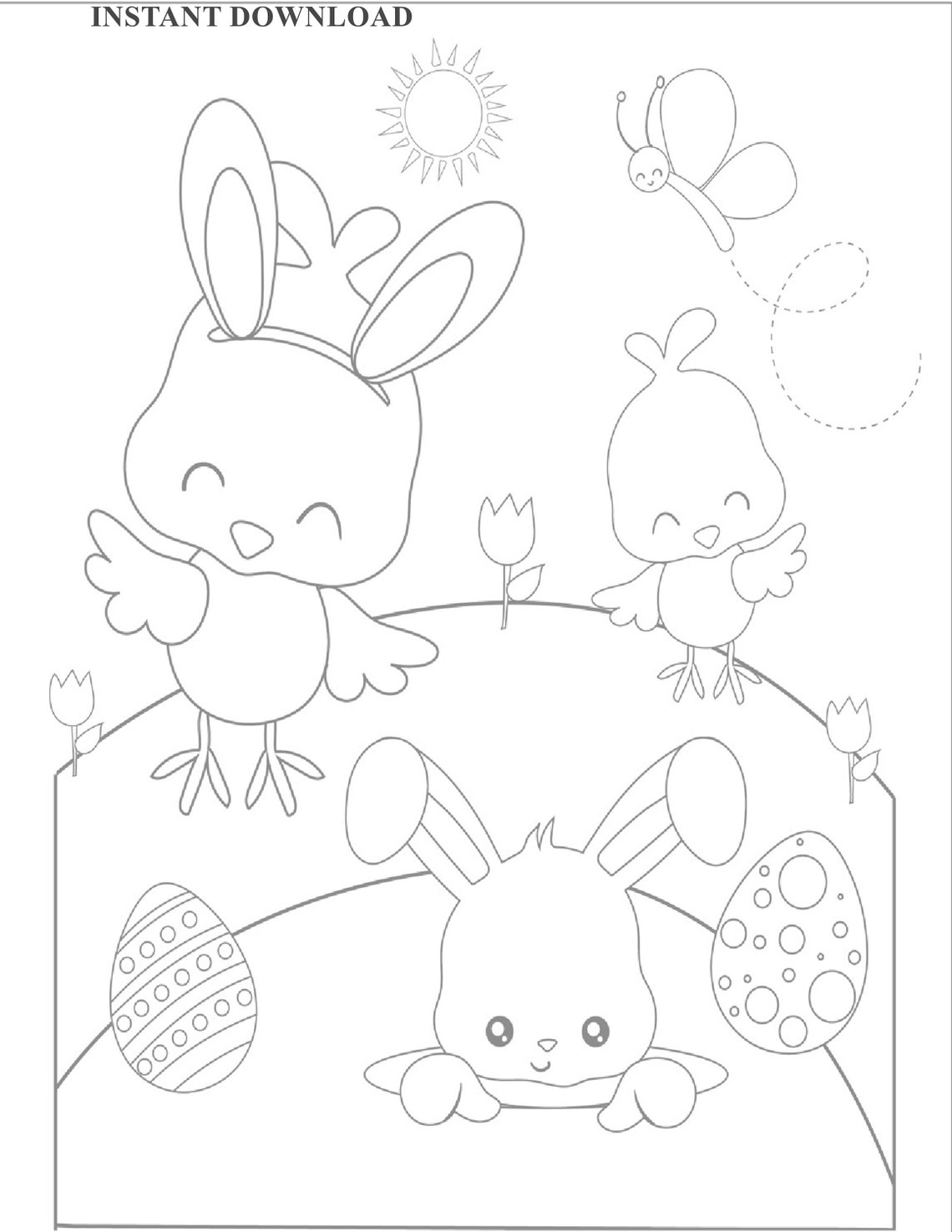 Printable Easter Bunnies, Chic & Eggs Coloring Page Instant Download ...