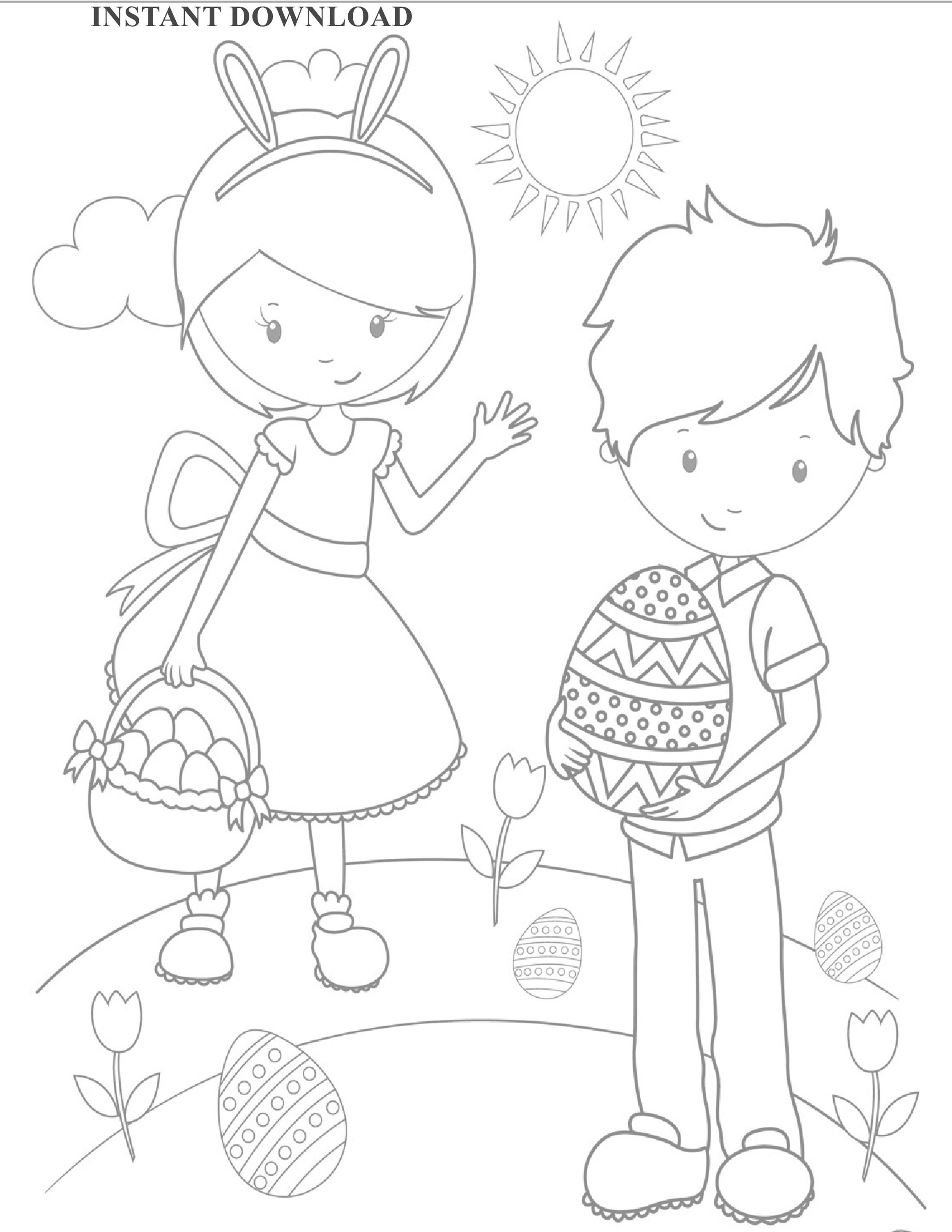 Printable Boy and Girl With Easter Eggs Coloring Page Instant Download ...