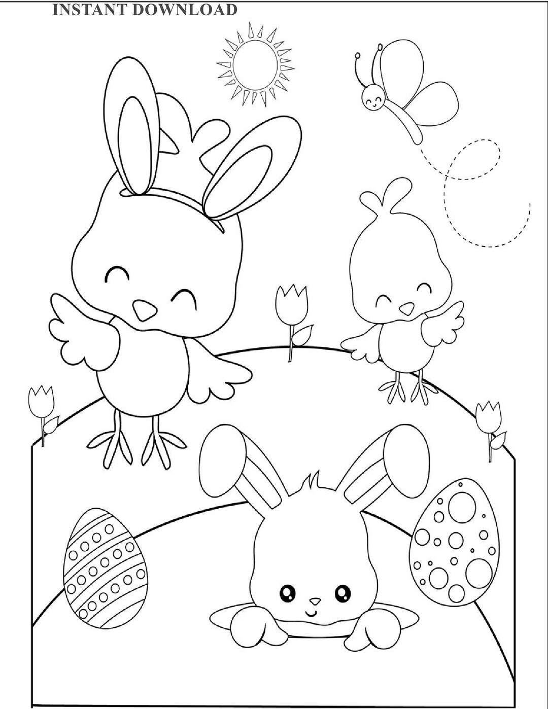 Printable Easter Bunnies, Chic & Eggs Coloring Page Instant Download ...