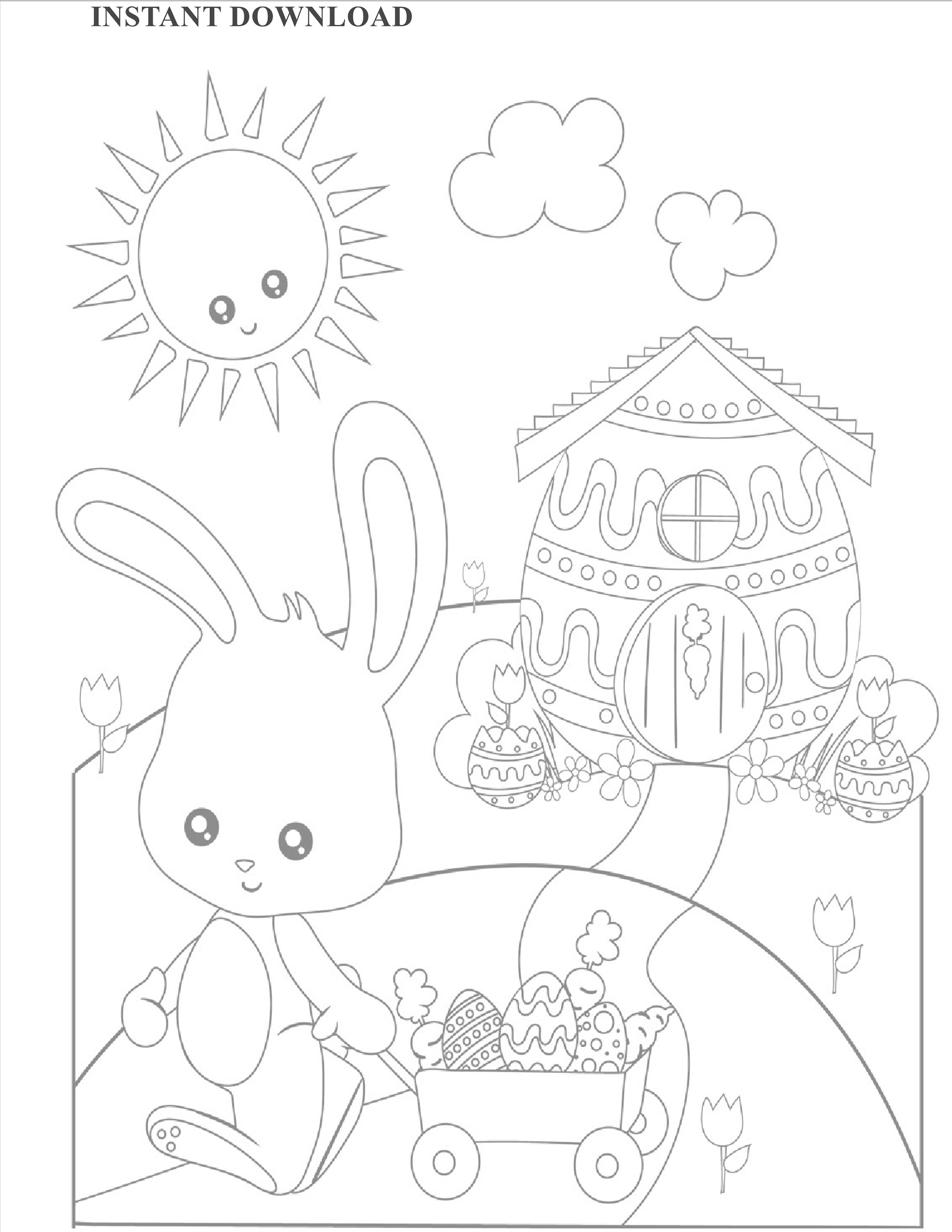 Printable Easter Bunny & Eggs Coloring Page Instant Download Digital ...