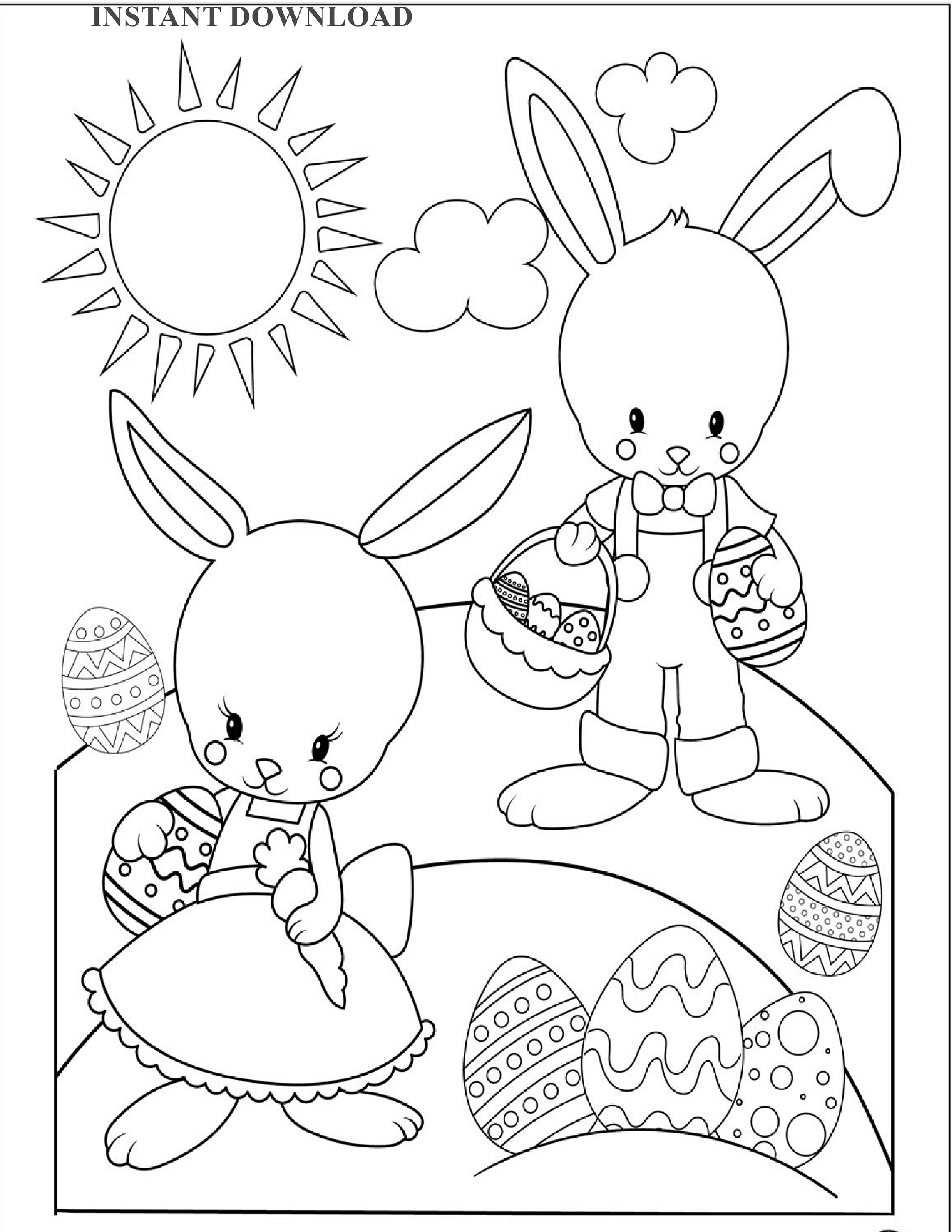 Printable Easter Bunnies & Eggs Coloring Page Instant Download Digital ...