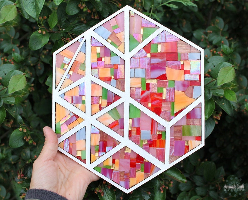 Hexagon Stained Glass Mosaic Geometric shape art Pink glass | Etsy