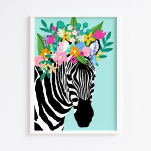 Floral Zebra Crown Print Bedroom Prints Wall Art Decor Animal Art ...