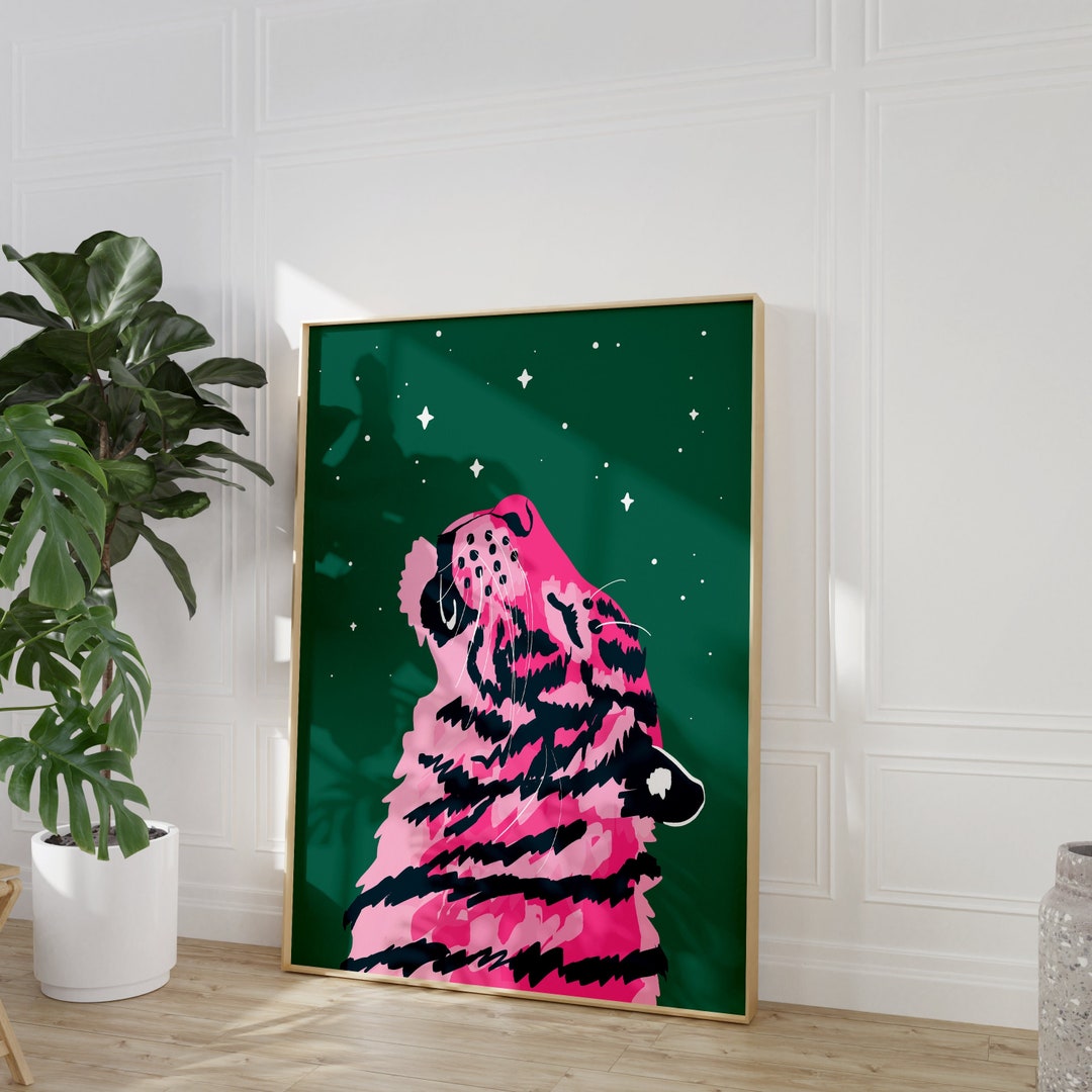 Zen Tiger Print: Forest Green Starry Sky, Trendy Animal Decor - Etsy
