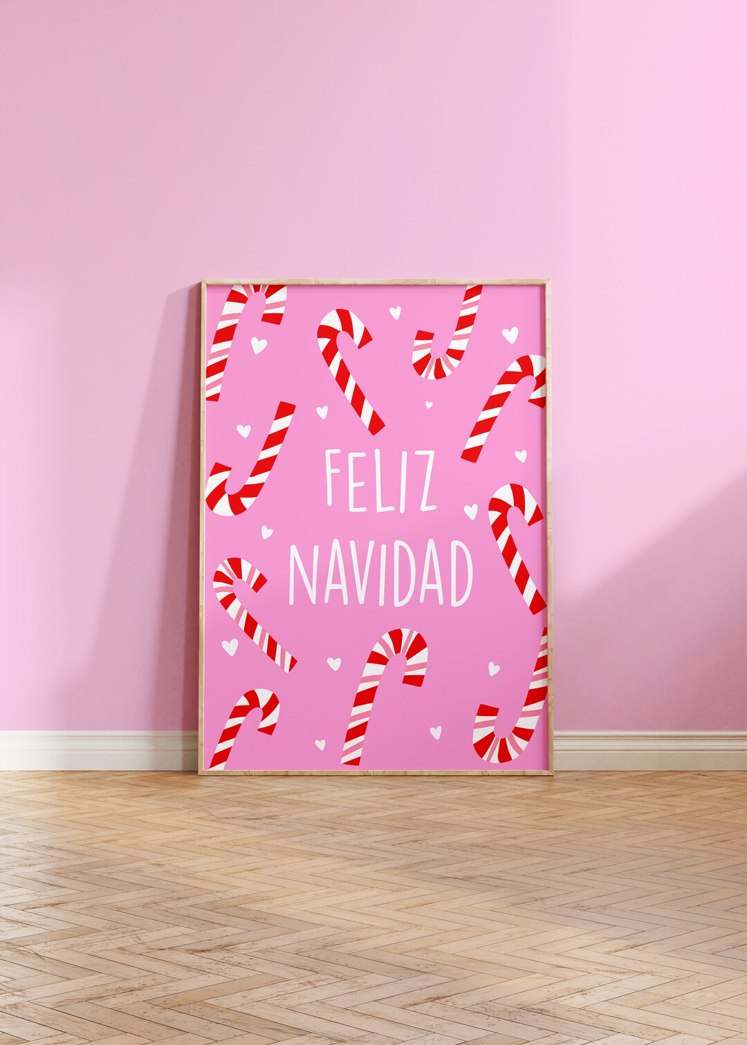 Feliz Navidad Pink Art Print / Christmas Wall Art Candy Cane Vintage ...