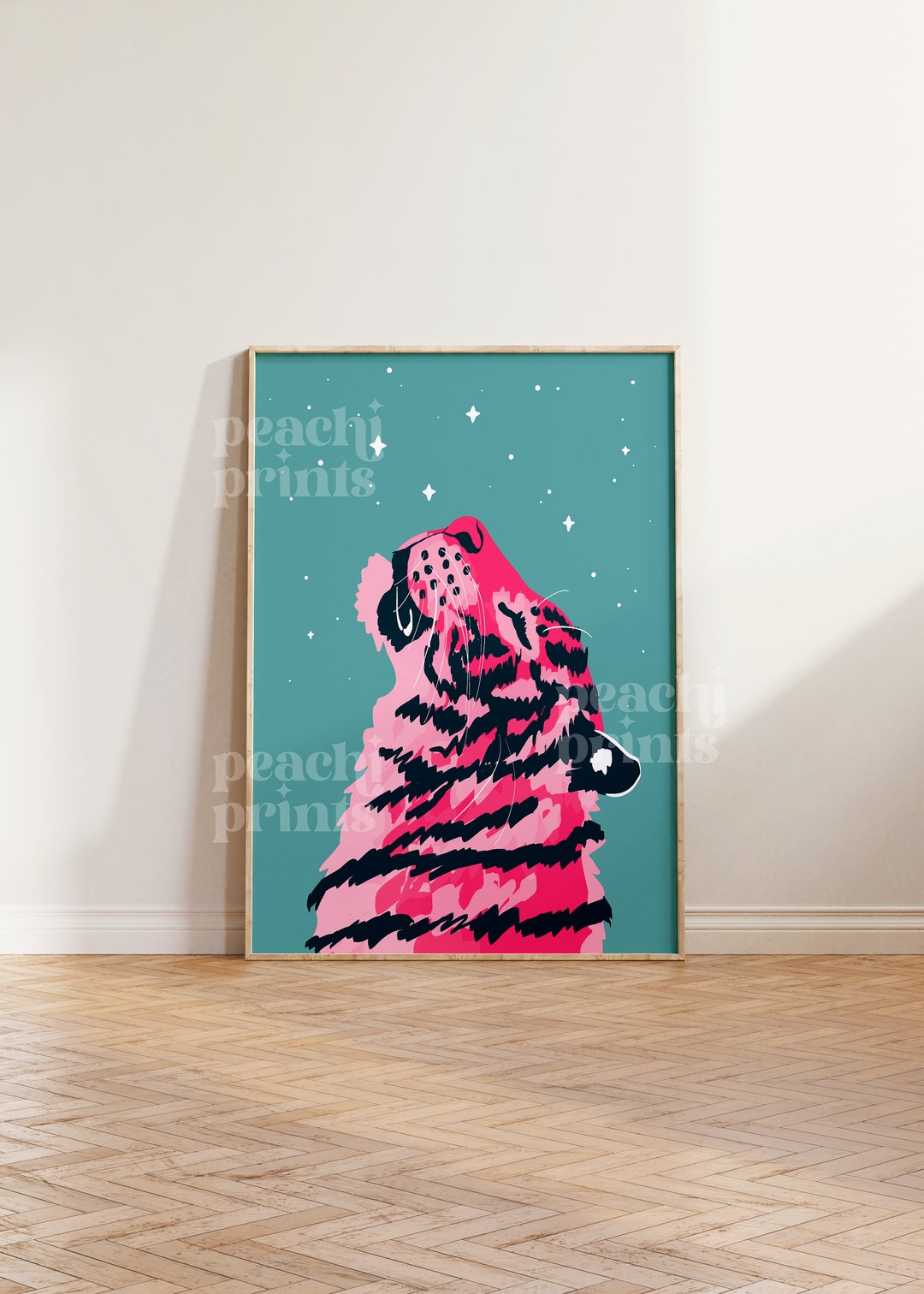 Pink Zen Tiger Print Bedroom Wall Art Teal Prints Animal Living Room ...