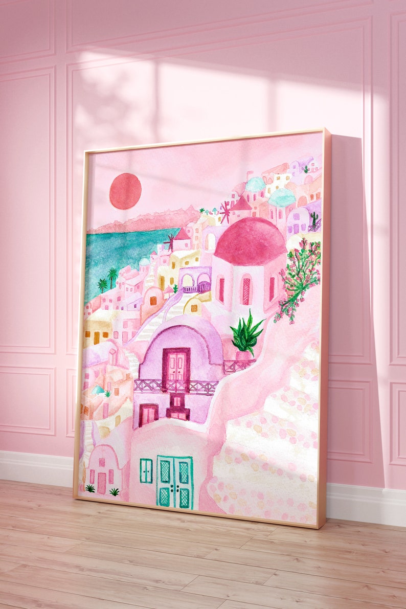 Santorini Print Greece Print Travel Poster City Print Pastel - Etsy