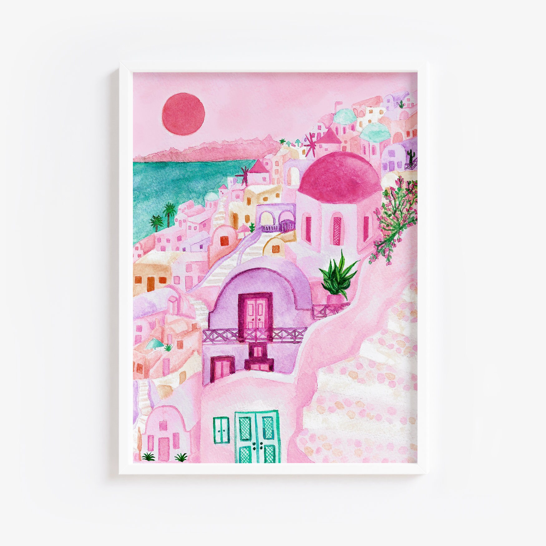 Santorini Print Greece Print Travel Poster City Print Pastel - Etsy