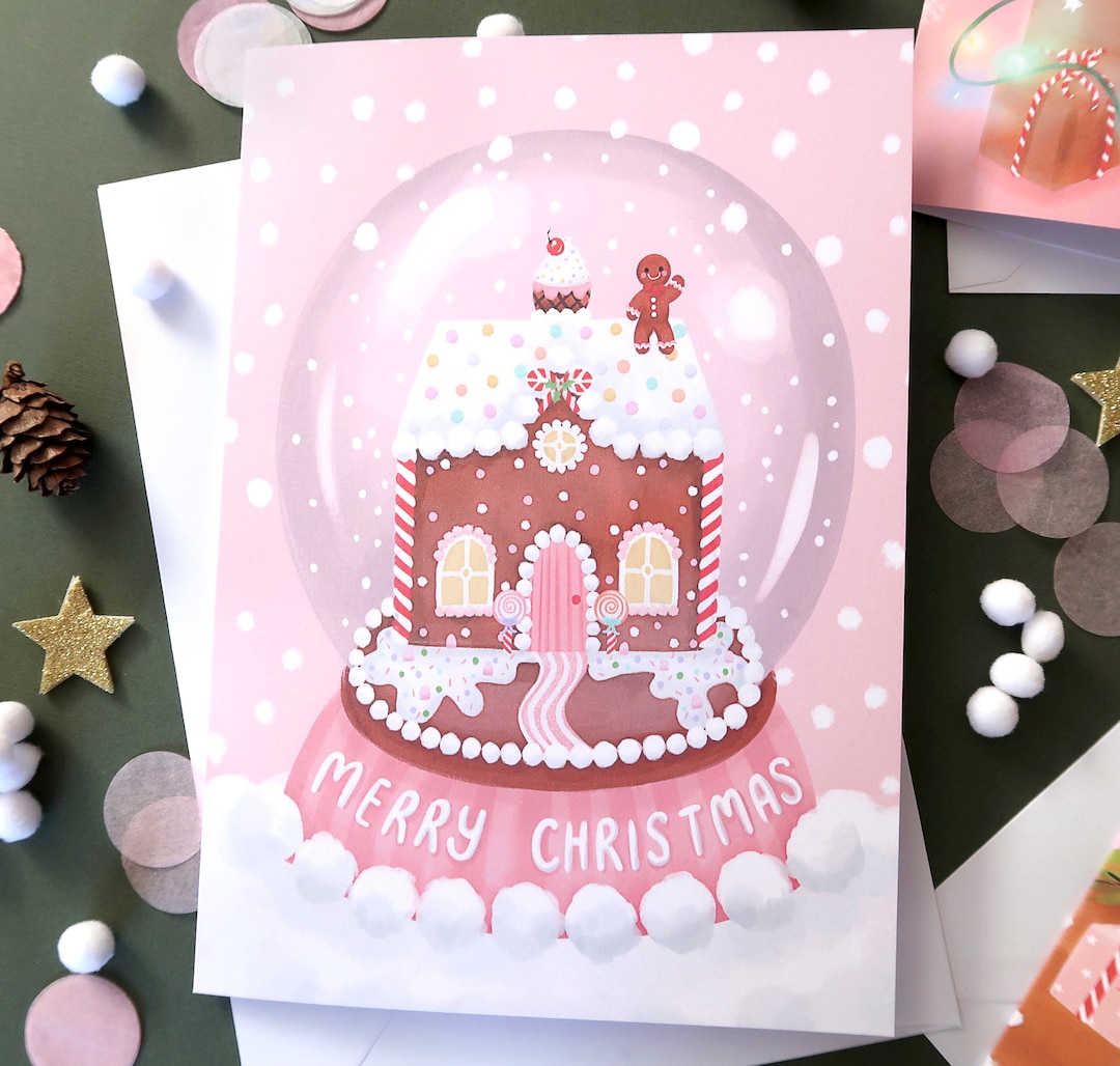 Christmas Card Gingerbread House Merry Christmas Pink Christmas Cards ...