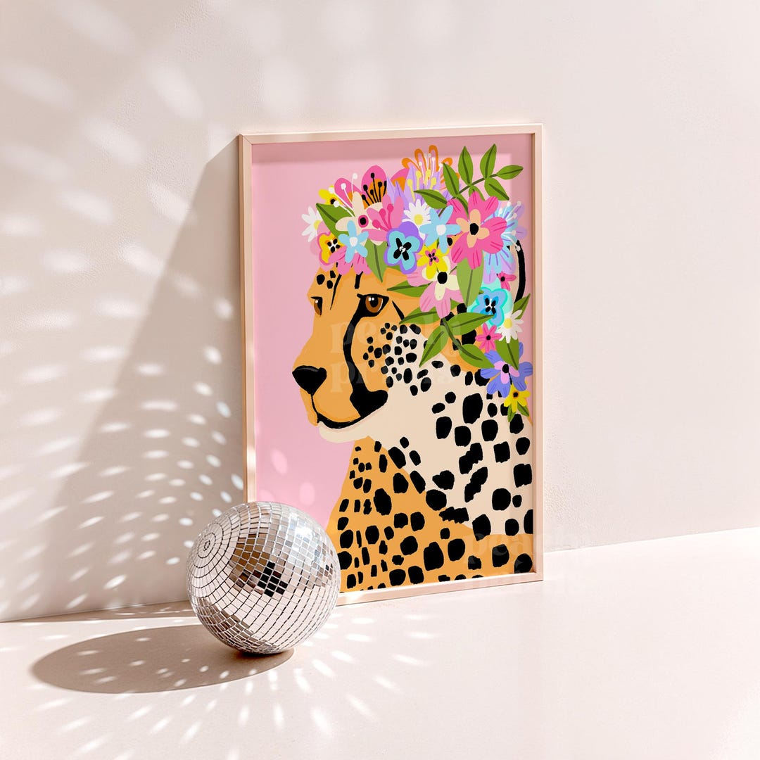 Cheetah Flower Crown Print: Colorful Animal Wall Art - Etsy