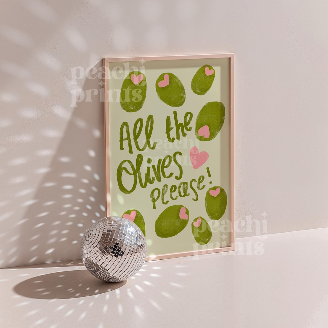 Cute Olives Art Print - Kitchen Wall Art, Modern Kitchen, Pastel Kitsch ...